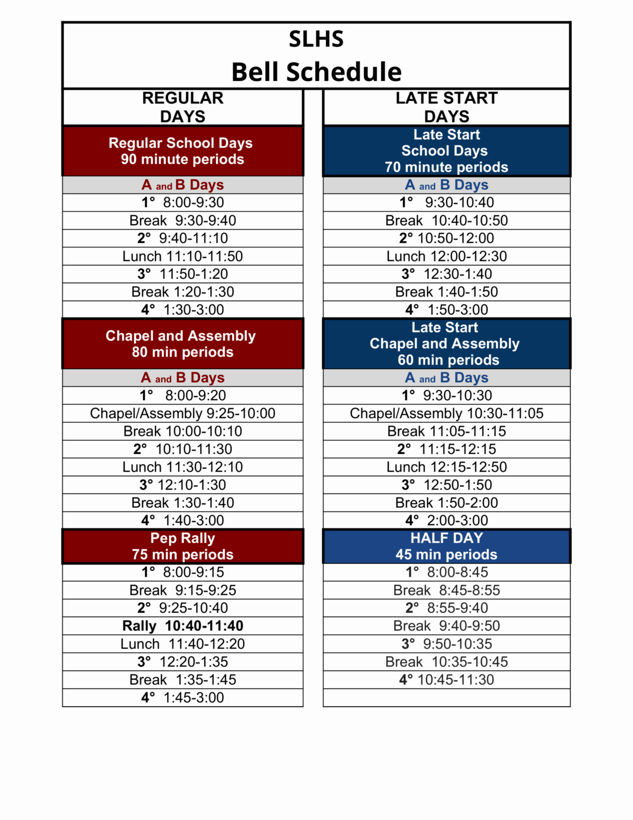 Bells Schedules | Sierra Lutheran High School